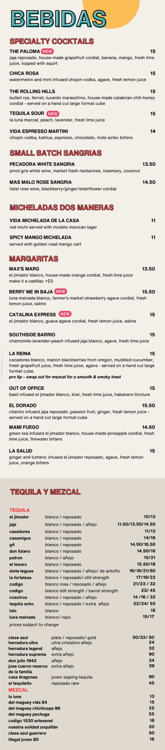 Menu - VIDA Modern Mexican + Tequila